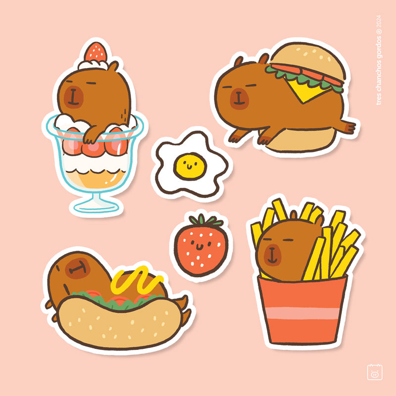 Pack de Stickers de Vinil | 6 stickers | Capy food – tres chanchos gordos